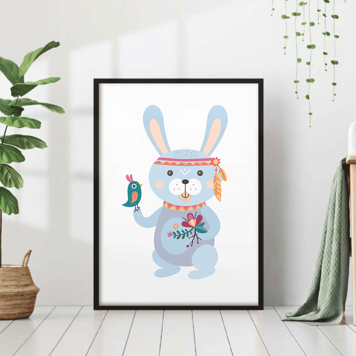 Постер "Зайчик бохо для детской" 40x50 в черной рамке для интерьера на стену