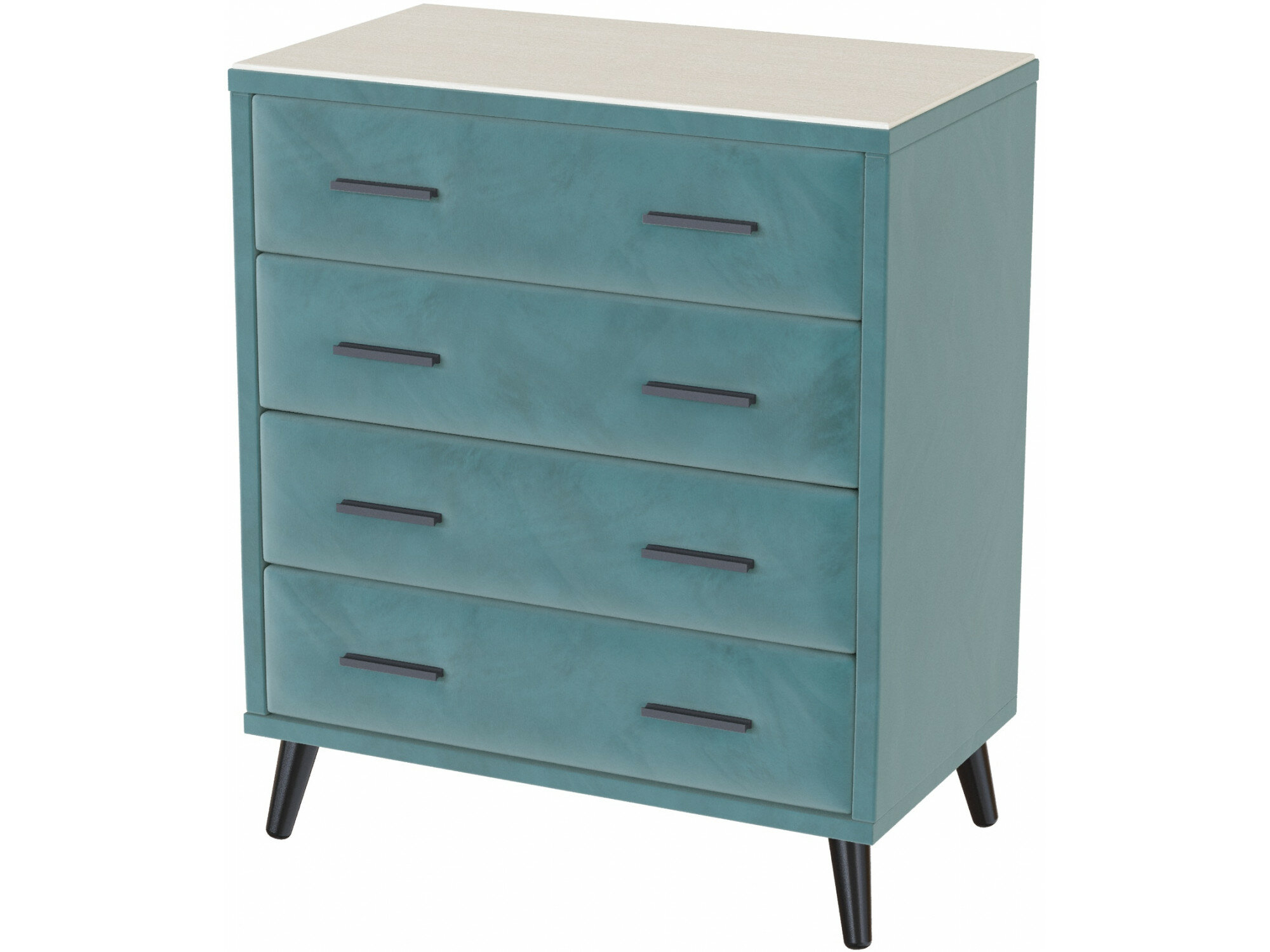 Комод интерьерный с 4 ящиками, с мягкой обивкой, 80х46х93 , велюр  бирюза/мдф клен кремовый