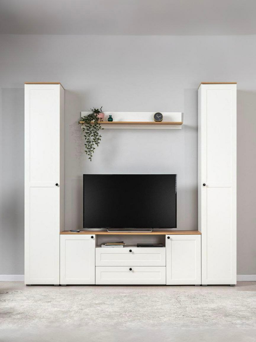 Гостиная комплект Остин, тумба под телевизор, настенная полка, шкаф, 240х41х229 см, Белый / Дуб Крафт золотой
