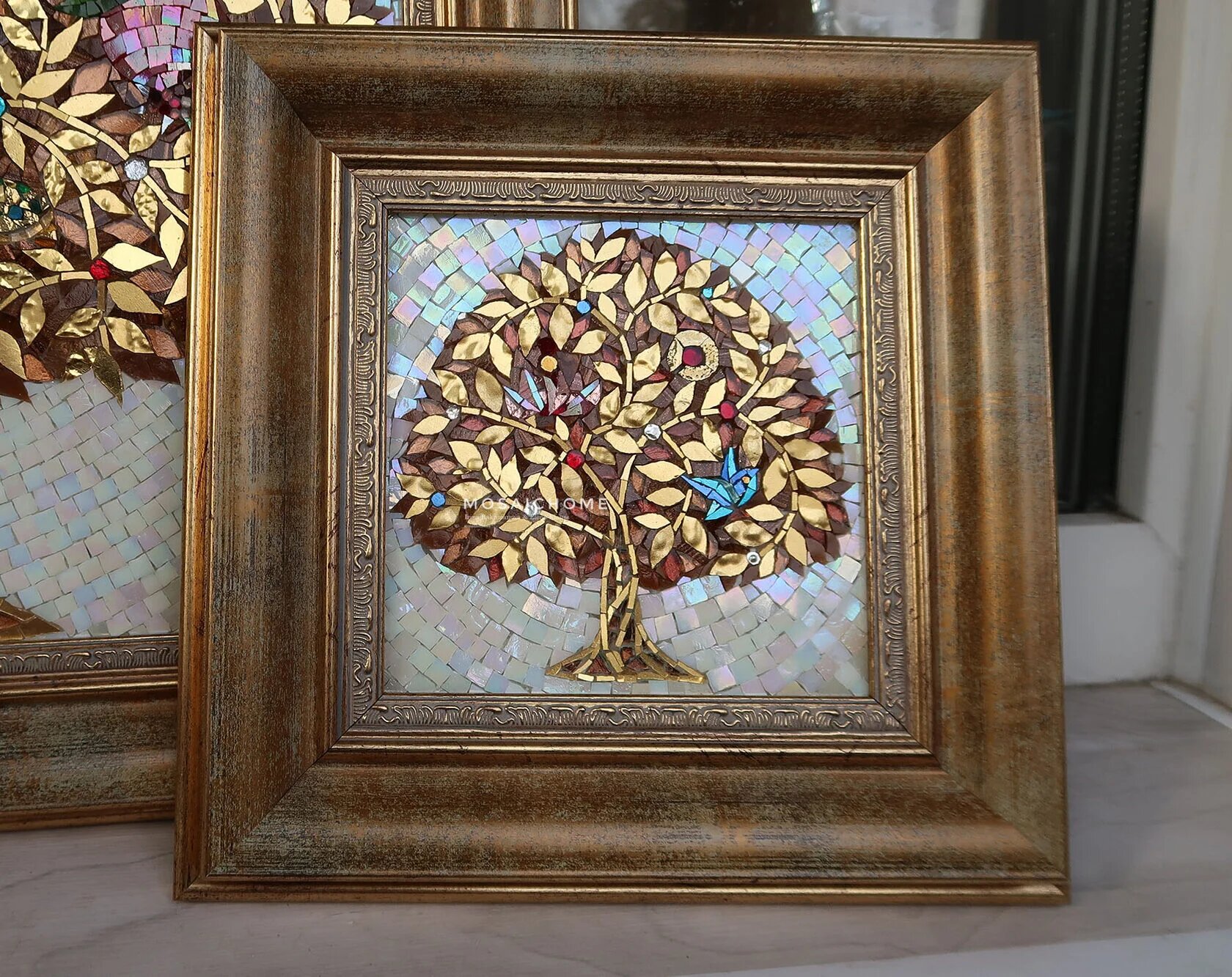 Панно из мозаики MosaicHome "Золотое дерево " 15см х 15см, картина, ручная работа, натуральное золото