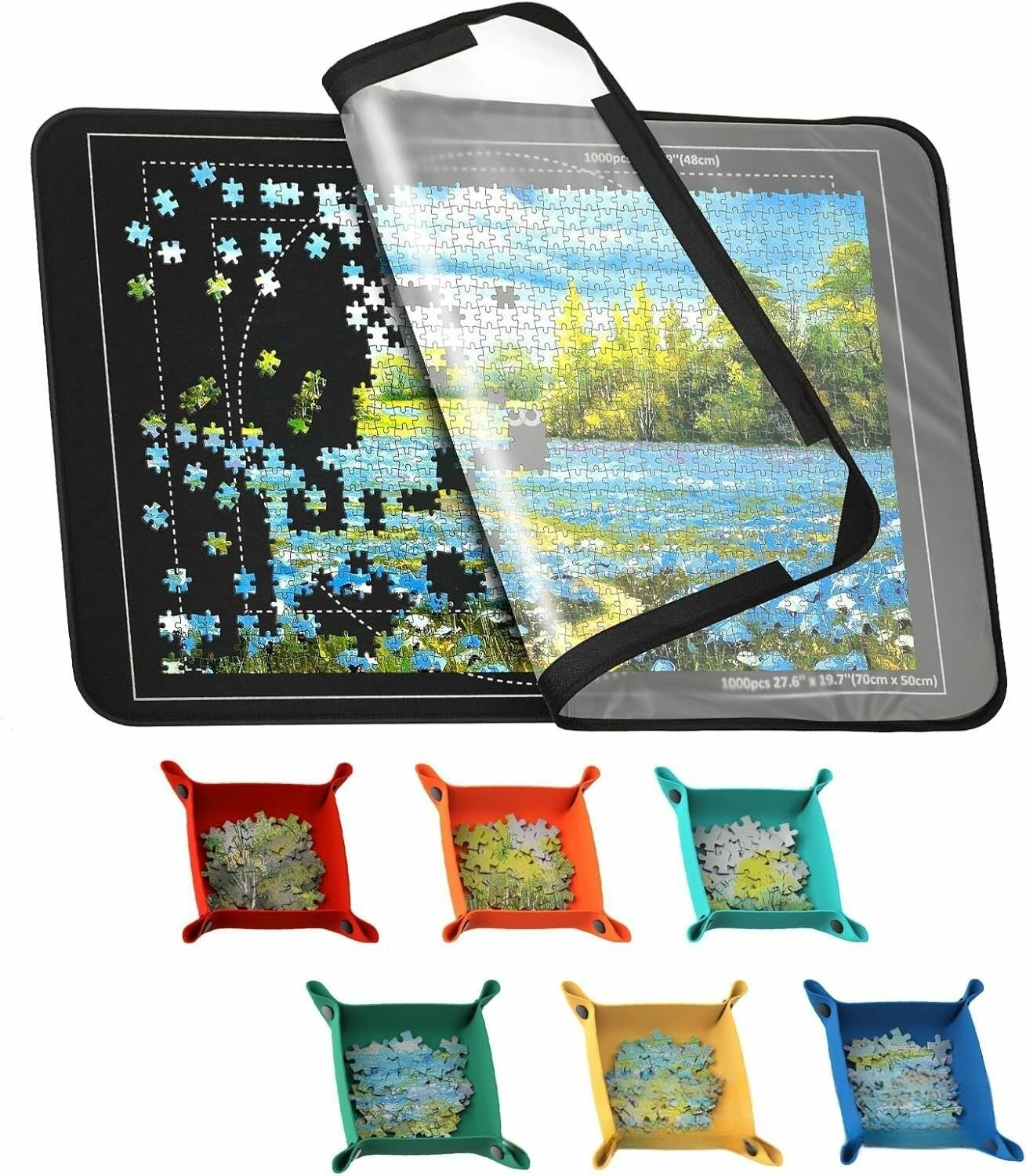 Коврик для сборки пазлов до 1000 деталей, столик-головоломка с 1 прозрачная крышка, 6 лотков для сортировки головоломок