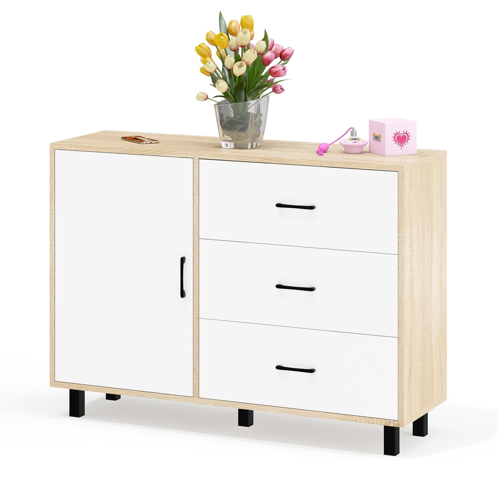 Комод-тумба три ящика и дверка РВК 122-1204, дуб сонома/белый, 120,4х37,4х87 см.