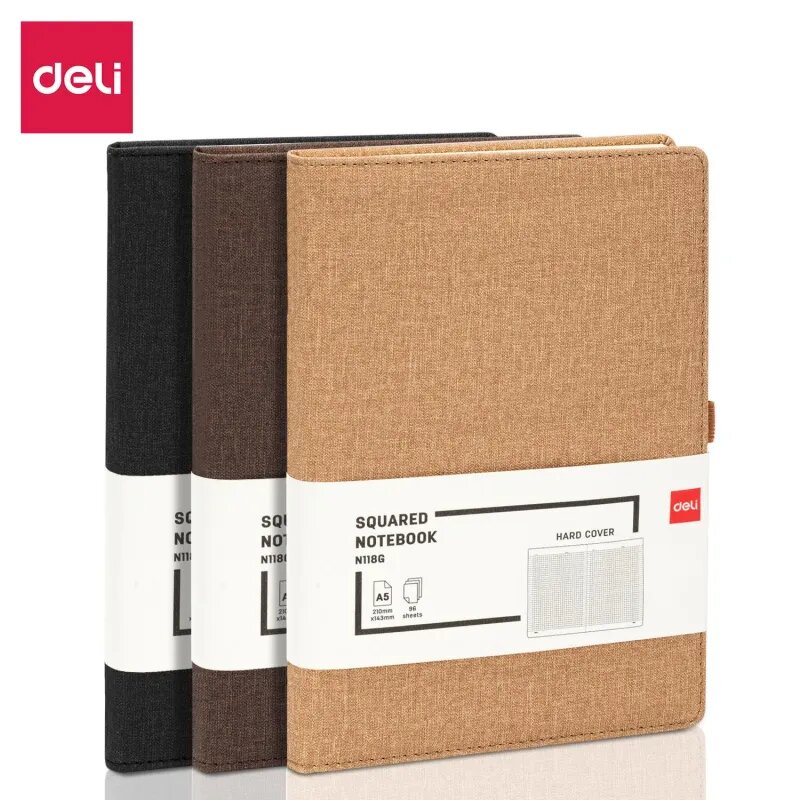 Блокнот Deli А5 96л 80 г/м тверд. облож, кл.5x5мм, петл/ручк, хаки кожа EN118G 1793239