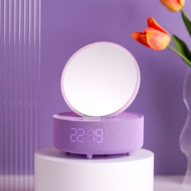 Фиолетовый динамик Bluetooth, Косметические зеркала, часы, зеркало со светодиодной подсветкой, регулируемая подсветка