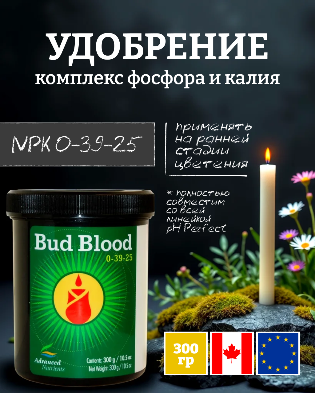 Удобрение для усиления цветения Advanced Nutrients Bud Blood Powder 300 г.