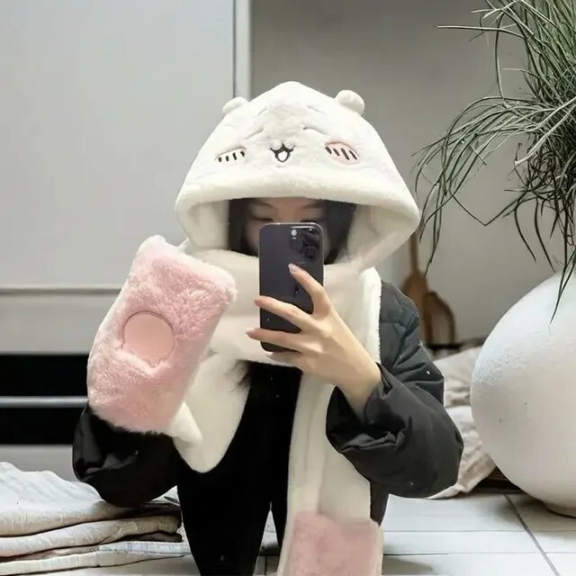 Мягкий теплый шарф Chiikawa Anime Kawaii MINISO, зимние милые мультяшные перчатки, шарф, флисовая утолщенная шапка, прекрасные подарки для детей,