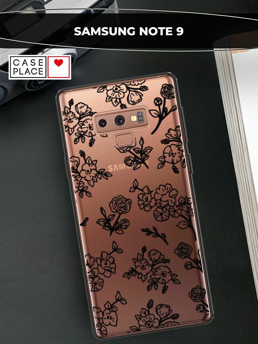 Чехол на Samsung Galaxy Note 9 / Самсунг Галакси Нот 9 с принтом "Черные розы паттерн", прозрачный