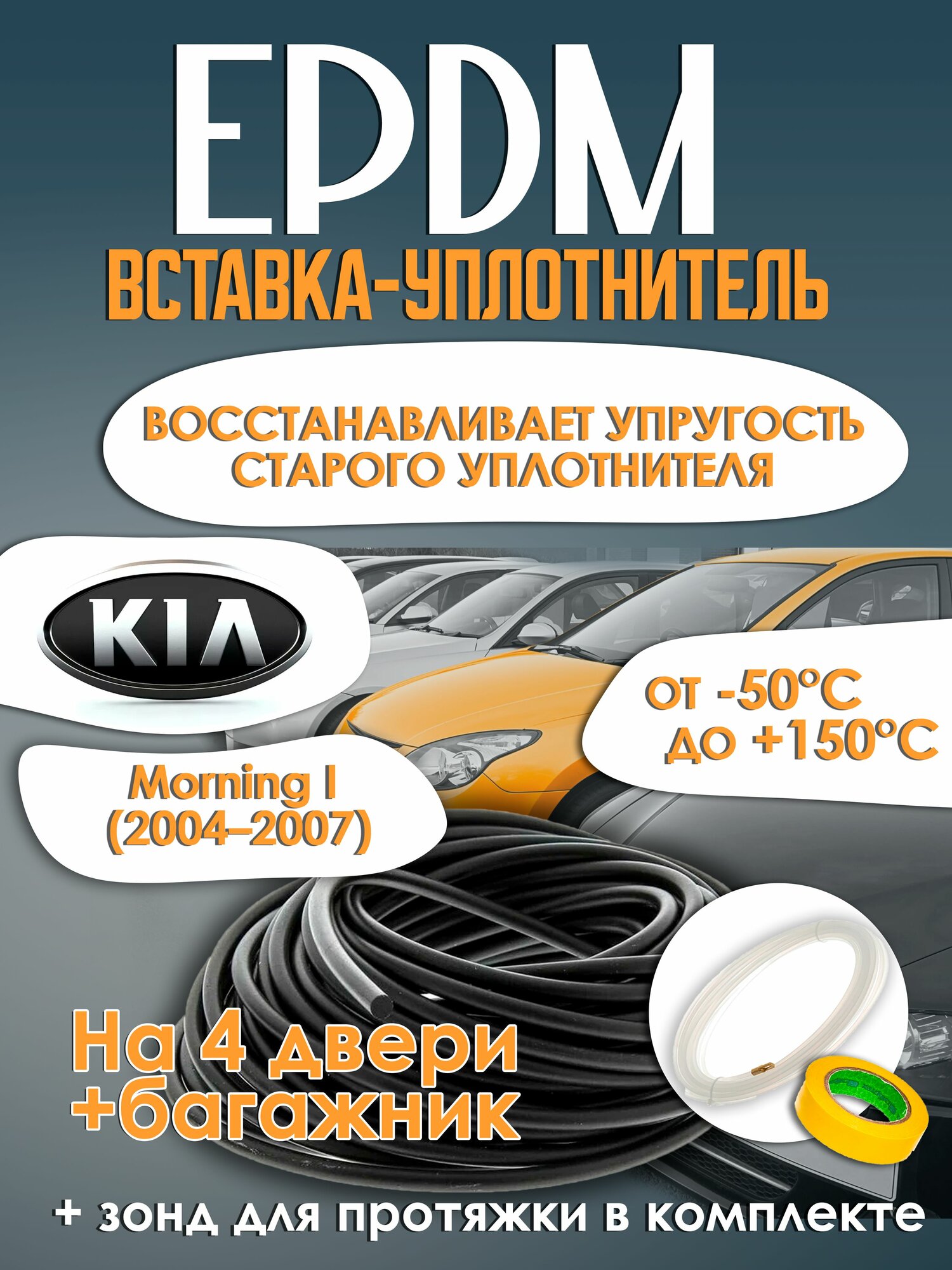 EPDM вставка-уплотнитель для дверей автомобиля Kia Morning I (2004-2007) / Киа Монинг 1 поколение
