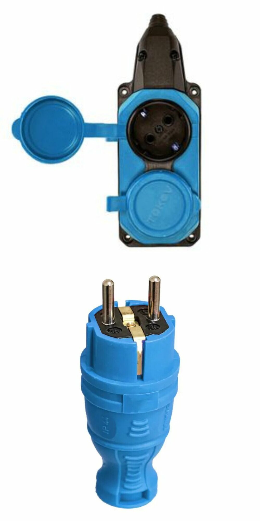 Комплект Колодка 2-м с крышкой+Вилка прямая 16А IP44 с заземлением каучуковая, цвет синий