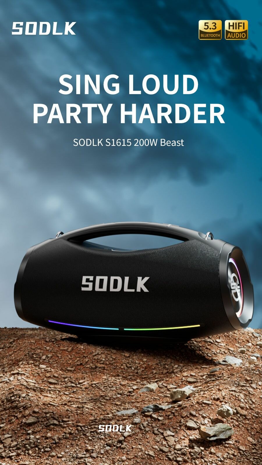 SODLK S1615, 200 Вт, мощный бумбокс с глубокими басами, Hi-Fi, стерео, беспроводной караоке, Bluetooth-динамик с двумя микрофонами и пультом для вечеринки