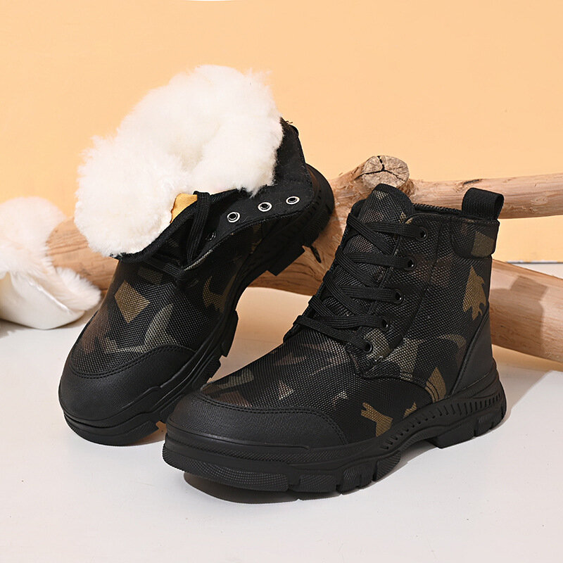 Мужские зимние ботинки из шерсти и хлопка, кожаные туфли в северо-восточном стиле с меховой подкладкой из хлопка, рабочая обувь, утепленные, непромокаемые зимние ботинки для мужчин.
