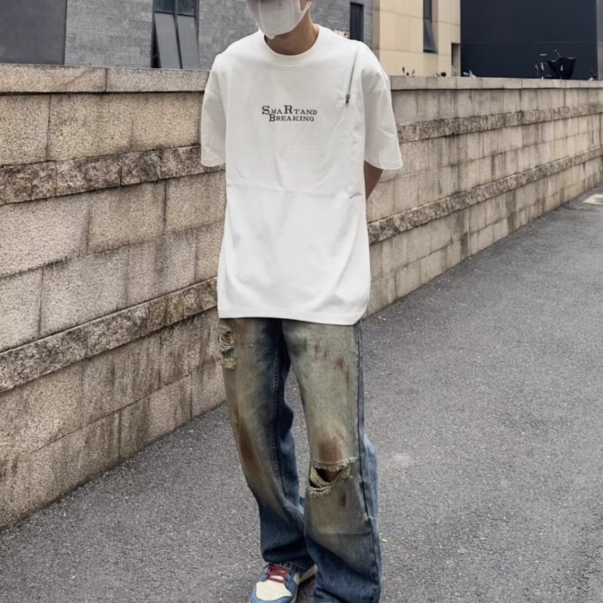 Тренд RONG CH Мужские Джинсы Глиняная Стирка Потертые Высокий Улица Деним, Размер_3XL