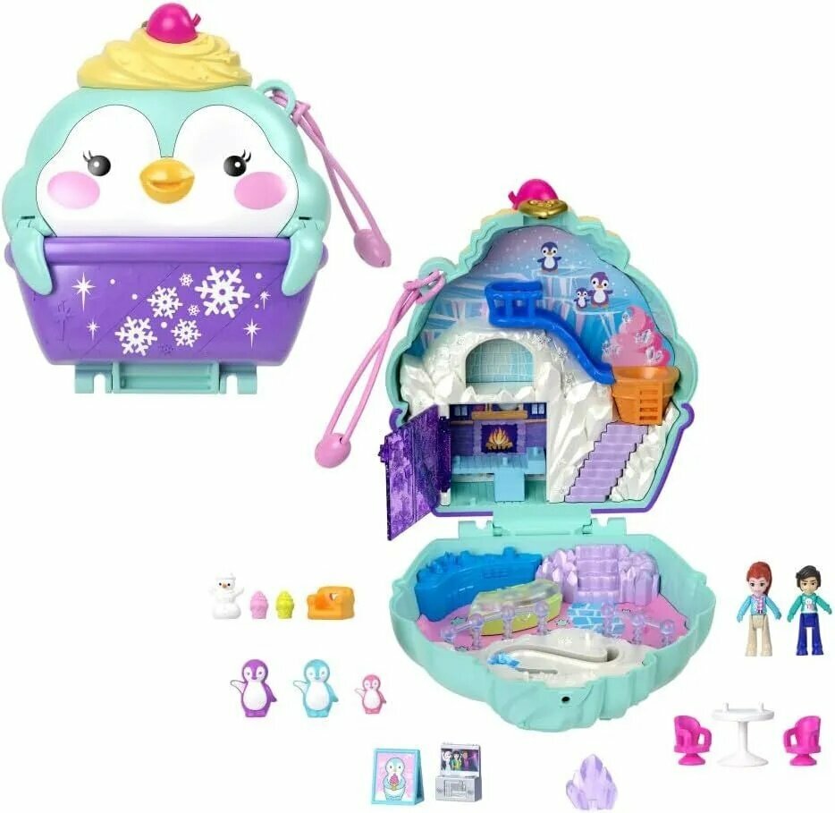Polly Pocket Playset, Snow Sweet Penguin Полли покет дорожная сумочка Пингвин с двумя куклами
