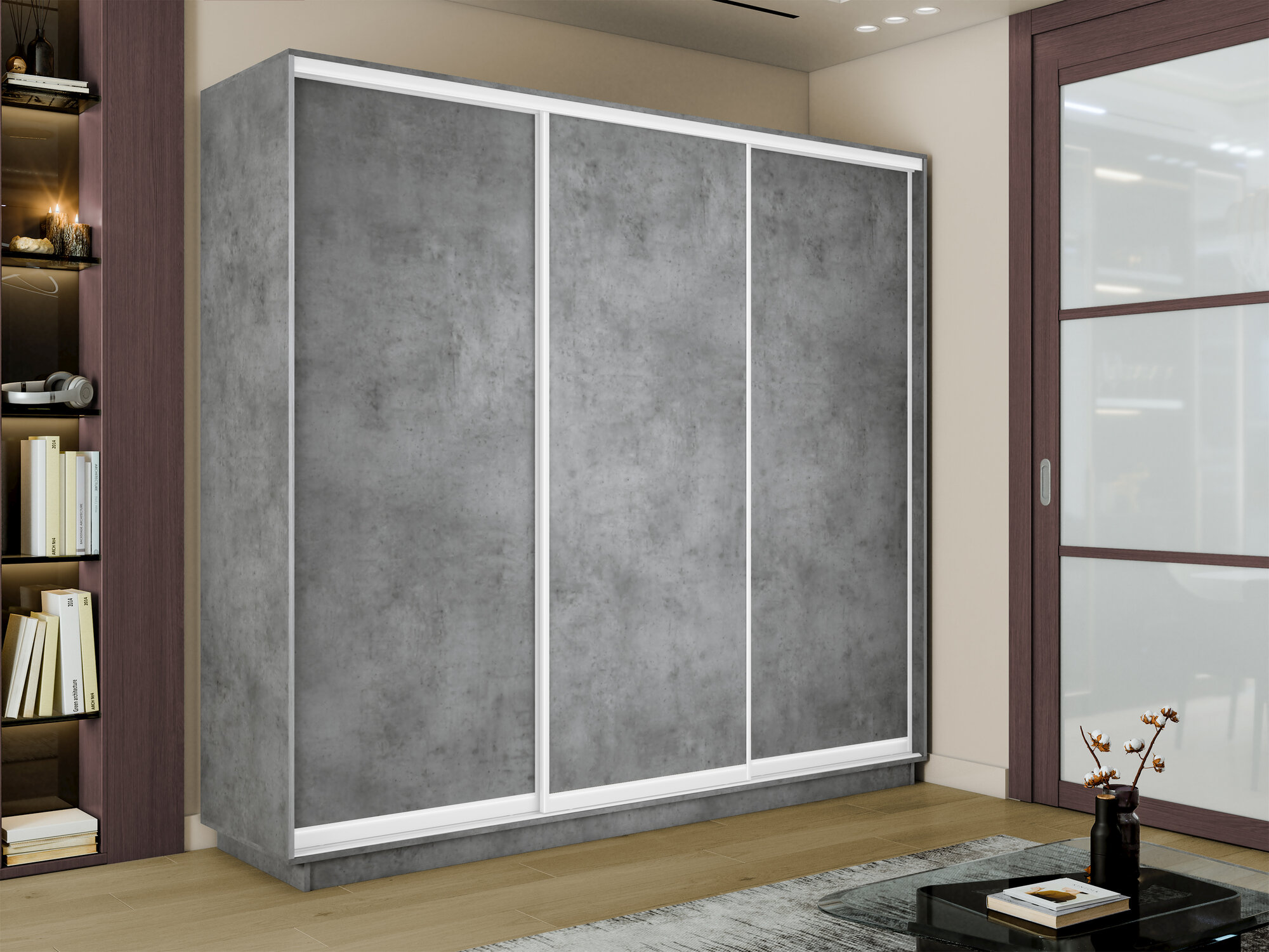 Шкаф купе Вилли 3-х дверный ЛДСП, профиль белый 180 см х 220 см х 45 см (Бетон)