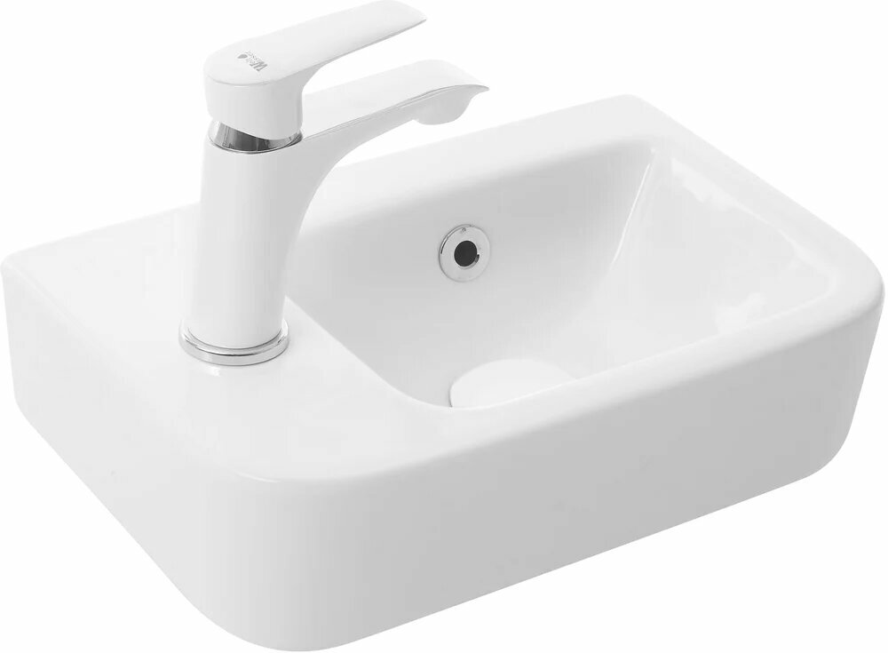 Раковина маленькая в туалет Weltwasser WW Aisbach 10100 38 L мини, подвесная, белая, со встроенным сливом-переливом, раковина для ванной фаянсовая, прямоугольная