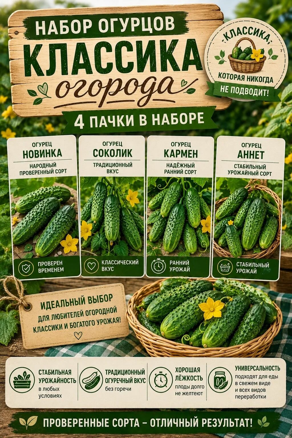 Семена Набор огурцов Классика огорода 4шт