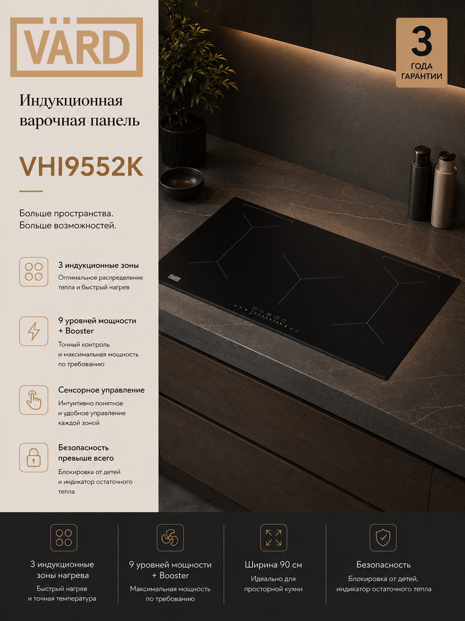 Индукционная варочная панель VARD VHI9552K / Варочная панель индукционная / Индукционная плита