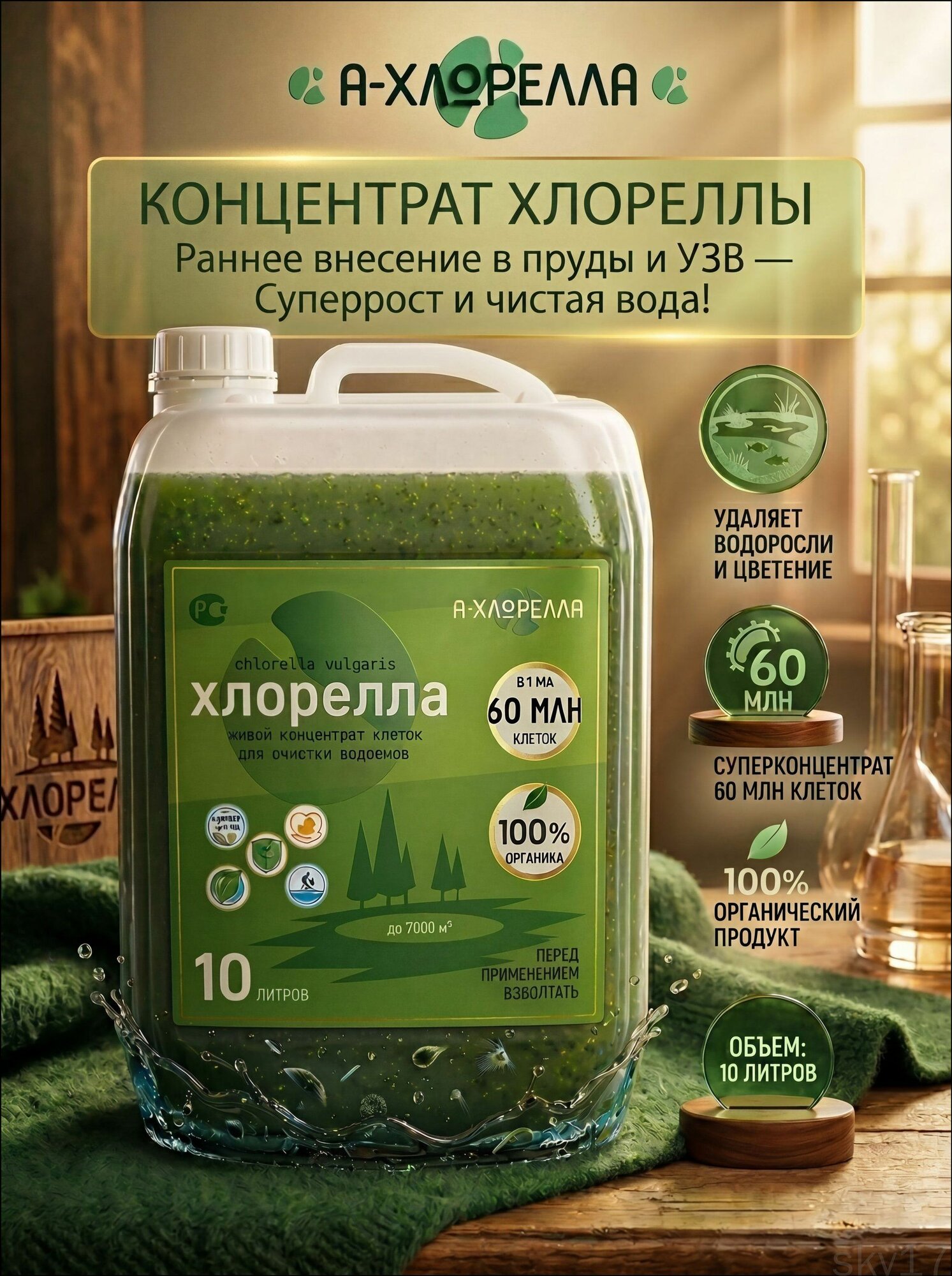 Хлорелла для пруда 10 л а-хлорелла, концентрат chlorella vulgaris, биопрепарат против цветения воды, для очистки водоема с рыбой