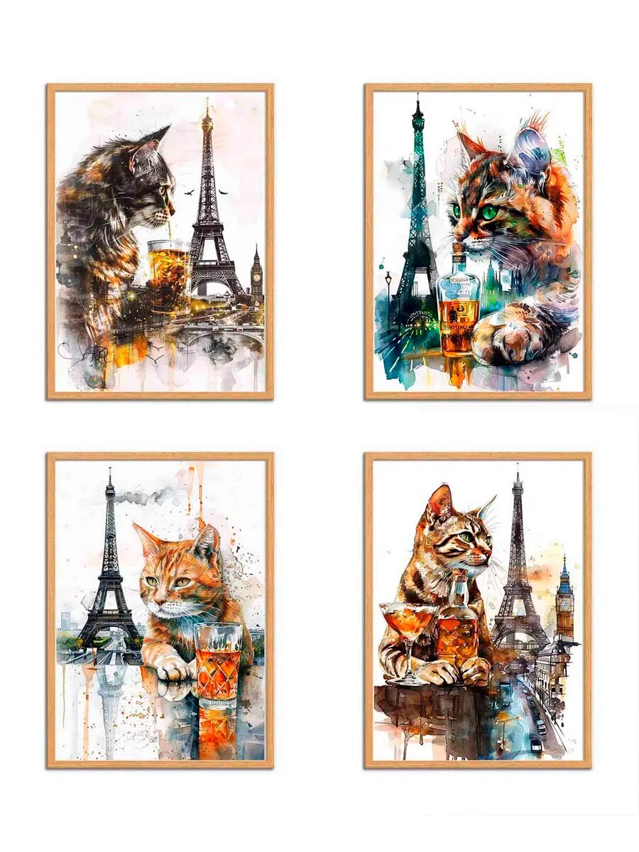 Дикая кошка Пьет Виски, 4 Плаката, 30x21см