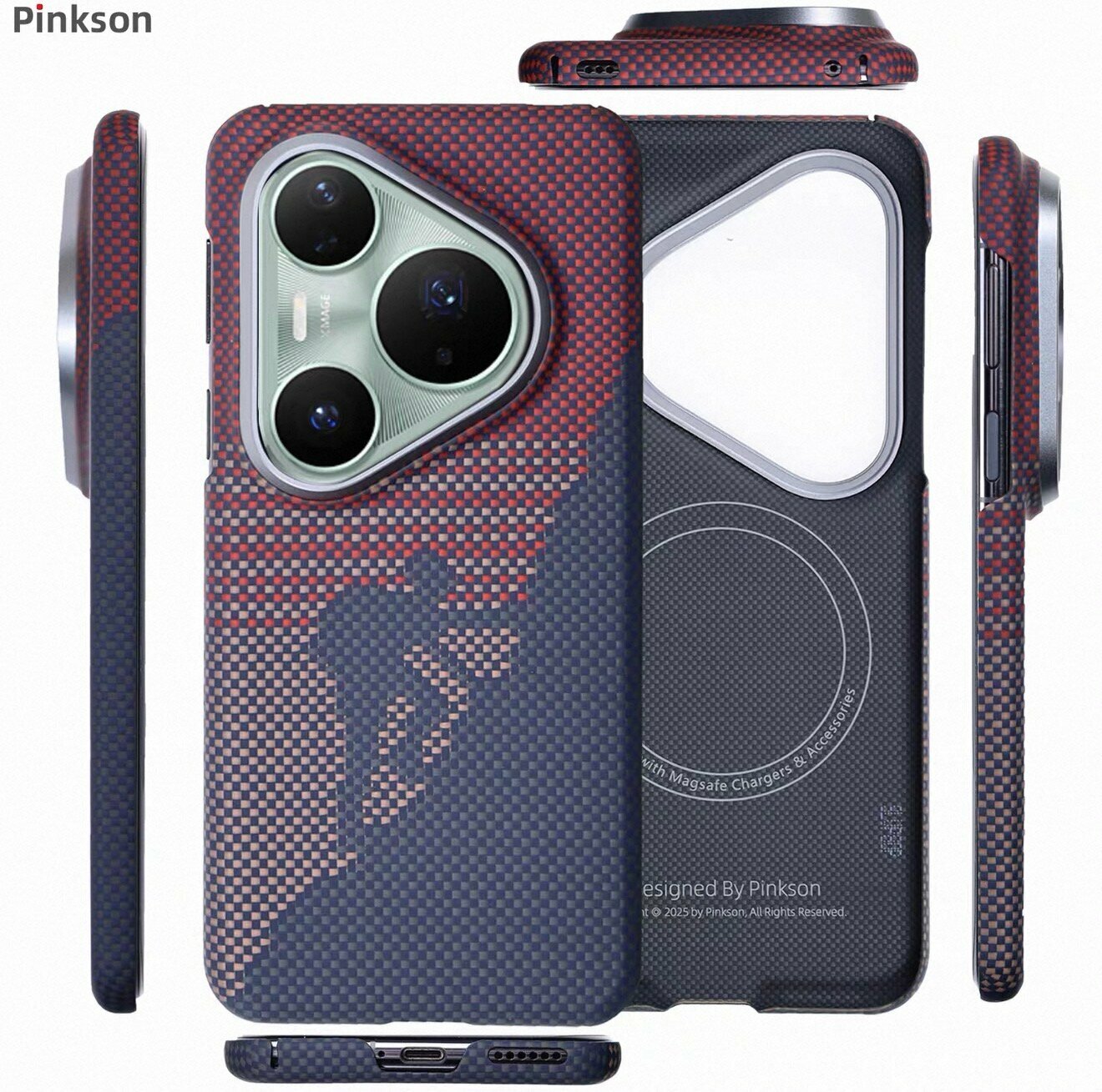 Чехол Карбоновый Pinkson для Huawei Pura 80 Ultra Красный/синий MagSafe ударопрочный