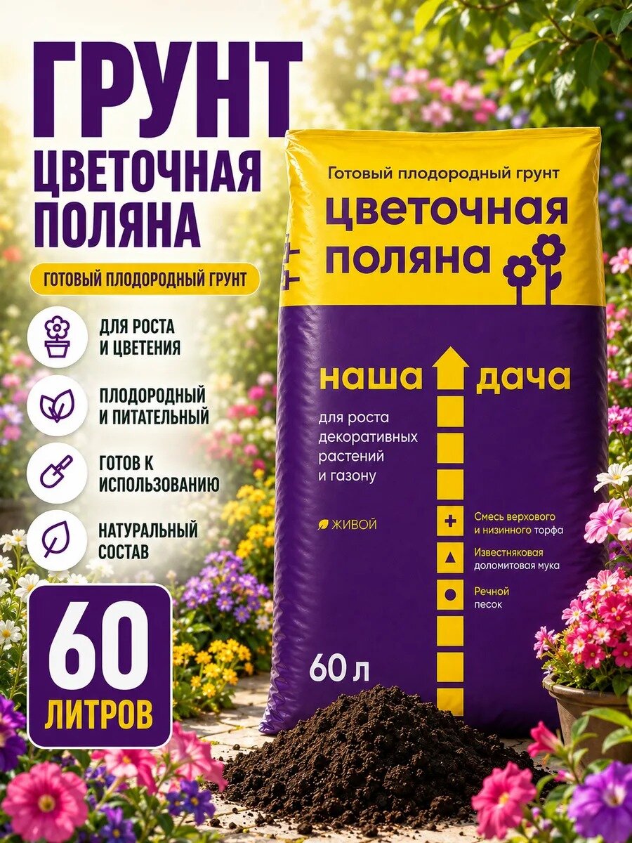 Грунт для цветов Цветочная Поляна 60л