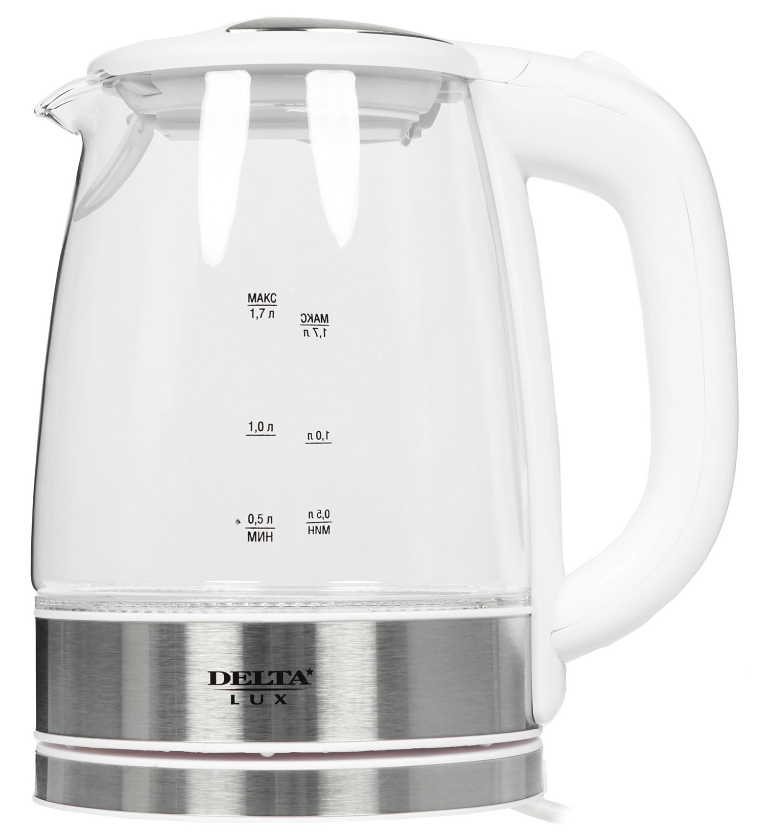 Электрический чайник Delta LUX DL-1204W, стекло/пластик, белый, 2200 Вт