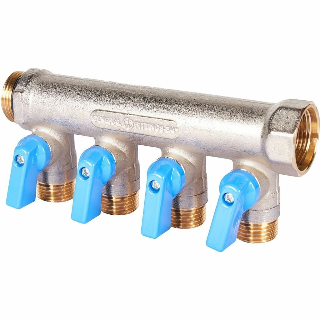 Коллектор для водоснабжения с шаровыми кранами STOUT SMB 6211 341204 3/4", 4 отвода 1/2" (синие ручки)