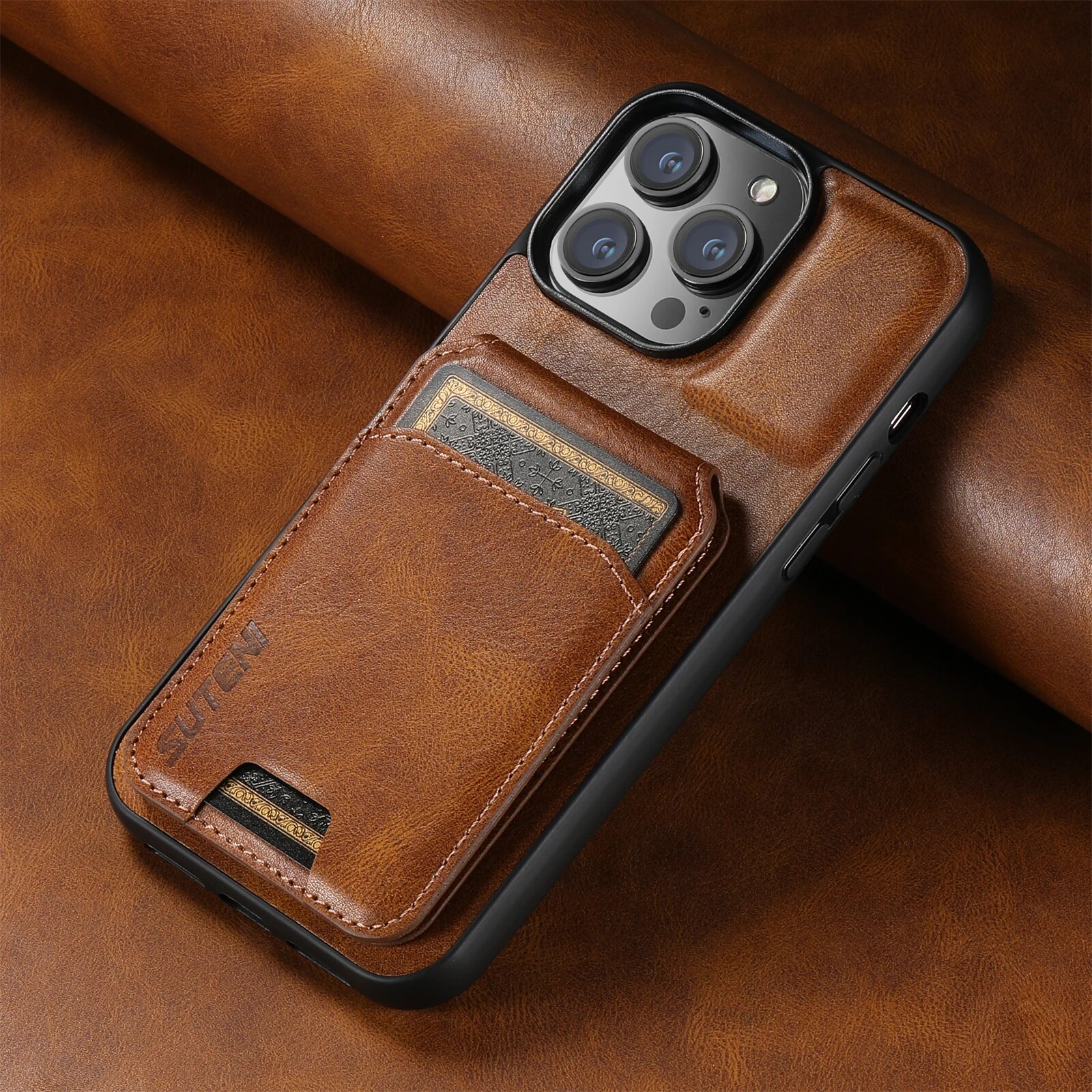 Кожаный Чехол-бумажник SUTENI Класса Люкс Для iPhone Коричневый, Brown, For iPhone 15Pro