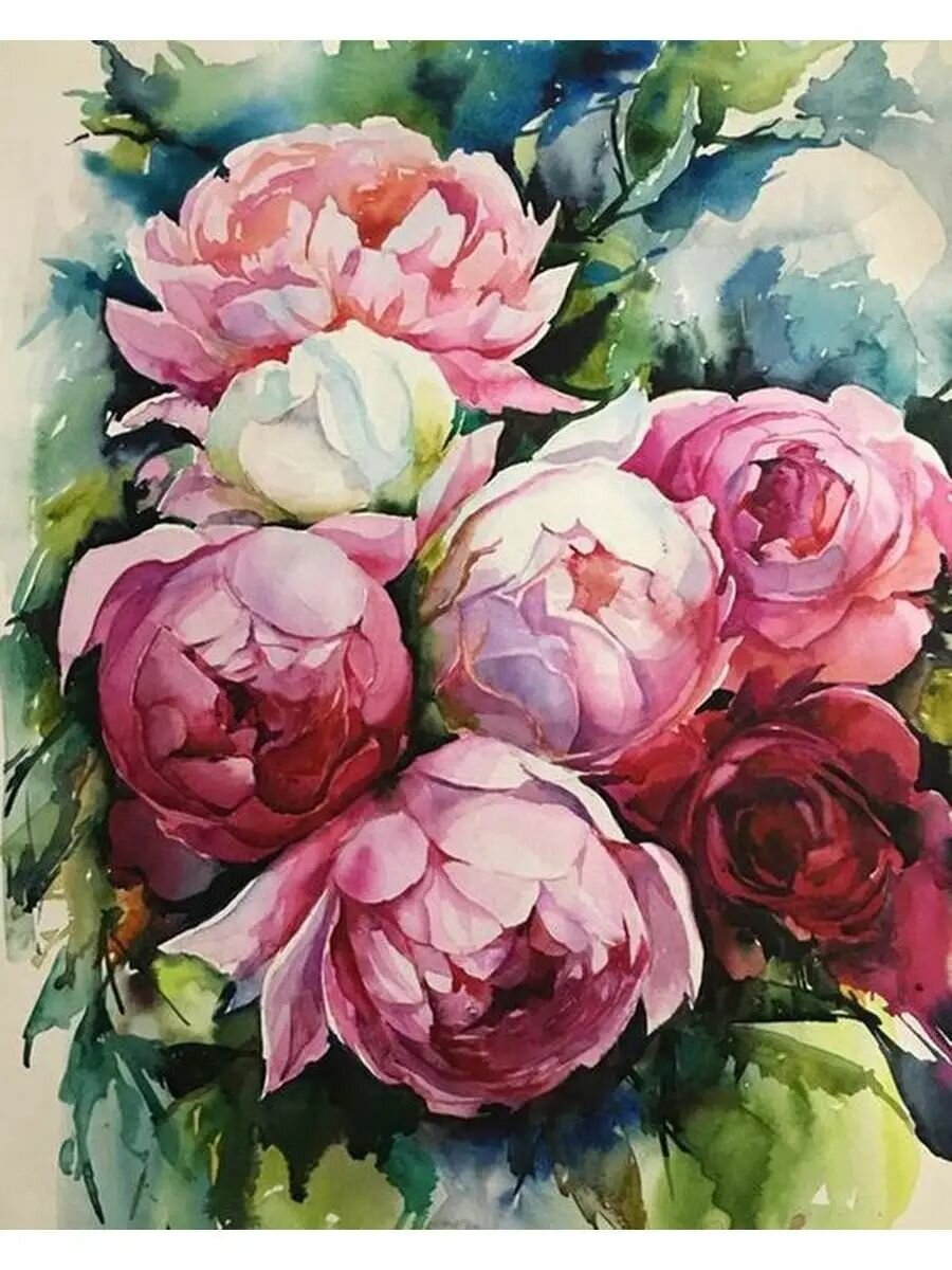 Алмазная мозаика на подрамнике 40х50 полная выкладка Цветущие пионы букет