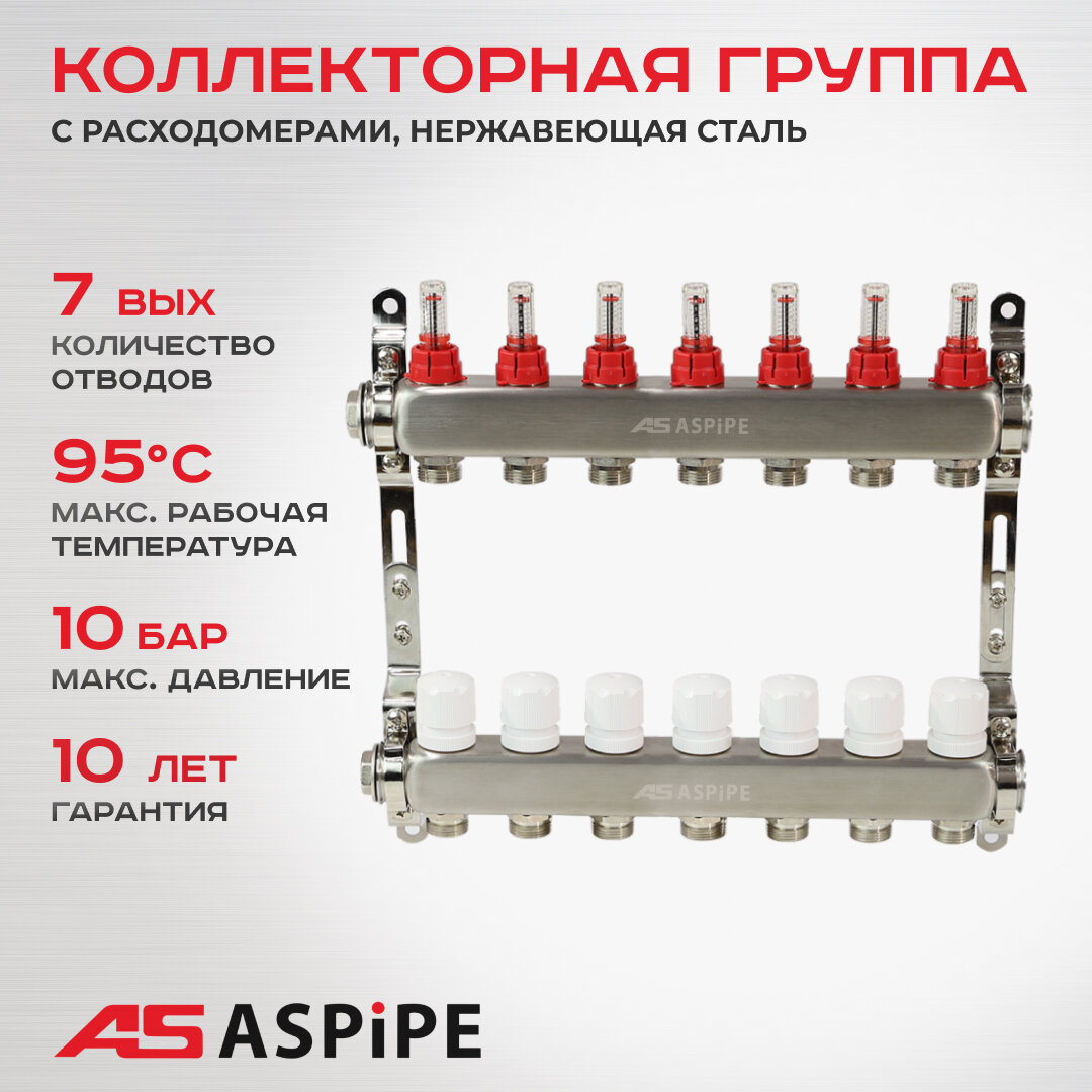 Коллекторная группа ASPiPE (AS-K004) 1"x3/4" на 7 выходов с расходомерами, нержавеющая сталь