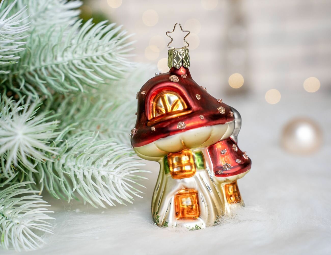 Ёлочная игрушка мухомор - домик для ФЕЙ, стекло, 10 см, Inge Glas 10030S024