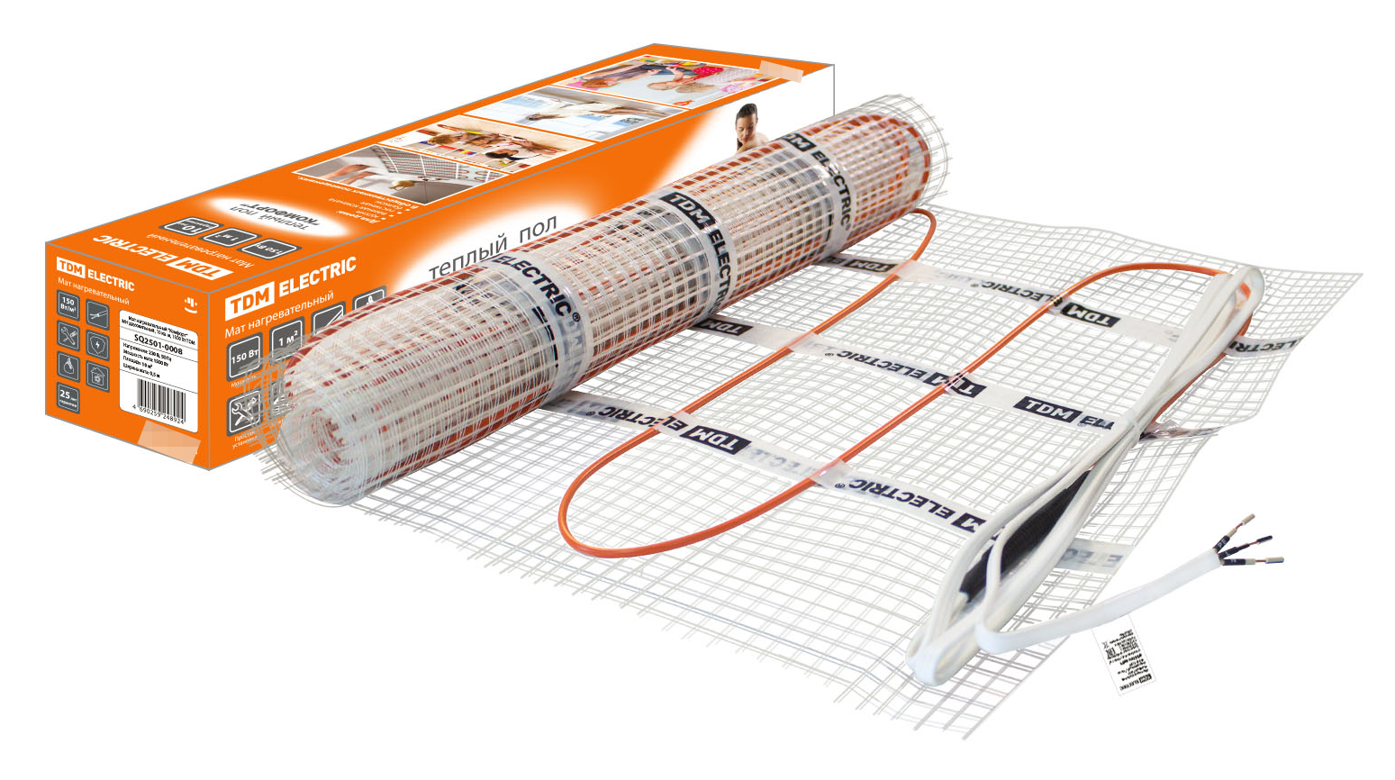Нагревательный мат TDM Electric / ТДМ Электрик SQ2501-0008 Комфорт МН под плитку, без терморегулятора, оранжевый, толщиной 5мм, площадь 10кв. м, максимальная мощность 1500Вт / теплый пол электрический
