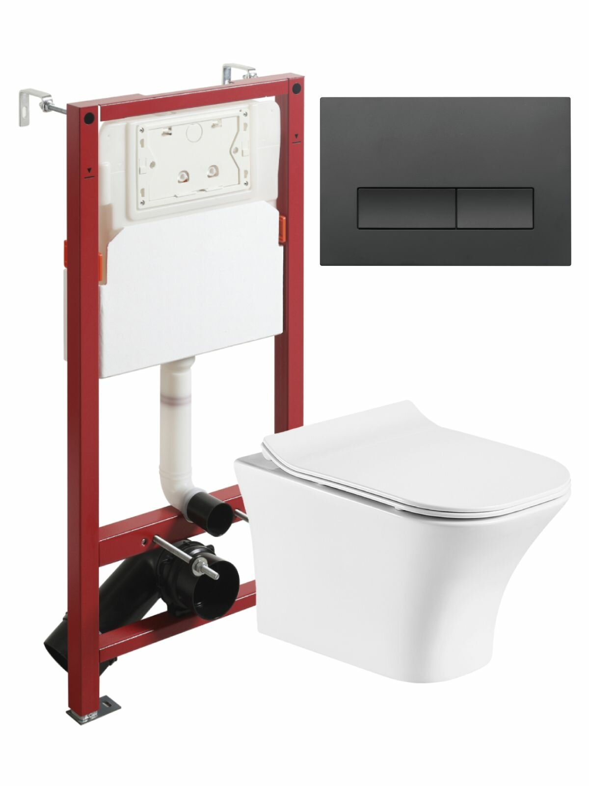 Унитаз подвесной безободковый белый с инсталляцией, микролифт, кнопка смыва черная Orange CI02-100W+APB244