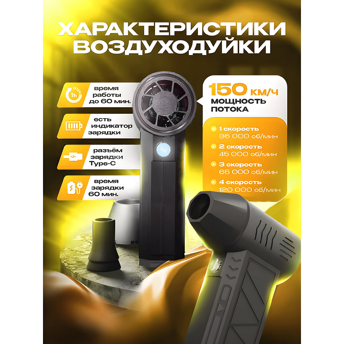 Воздуходувка, аккумуляторная, электрическая, портативная, ручная, мощность 180Вт