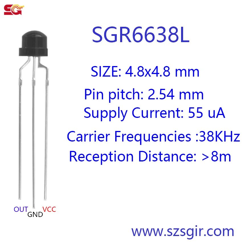 ИК-приемник SGR6638L, 38 кГц, >8м, 55uA