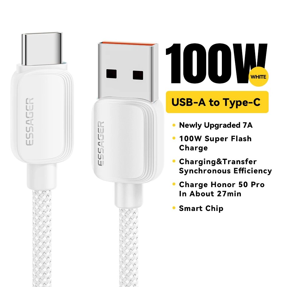 Кабель зарядный Essager 7A USB Type-C, 100/88 Вт, 3 м 2 м, White 7A 100W A To C