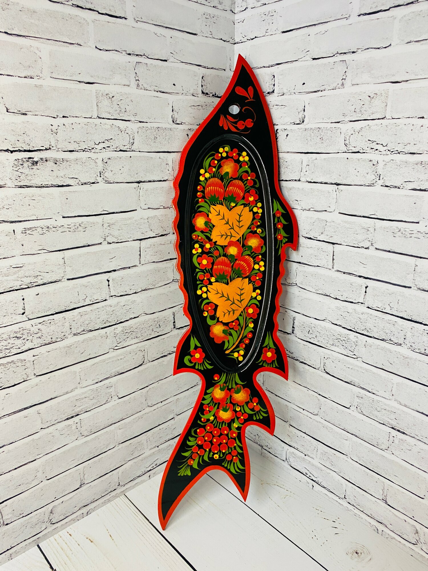 Селедочница ручная роспись "Хохлома" Осетр, ручная роспись, 50х14х1 см