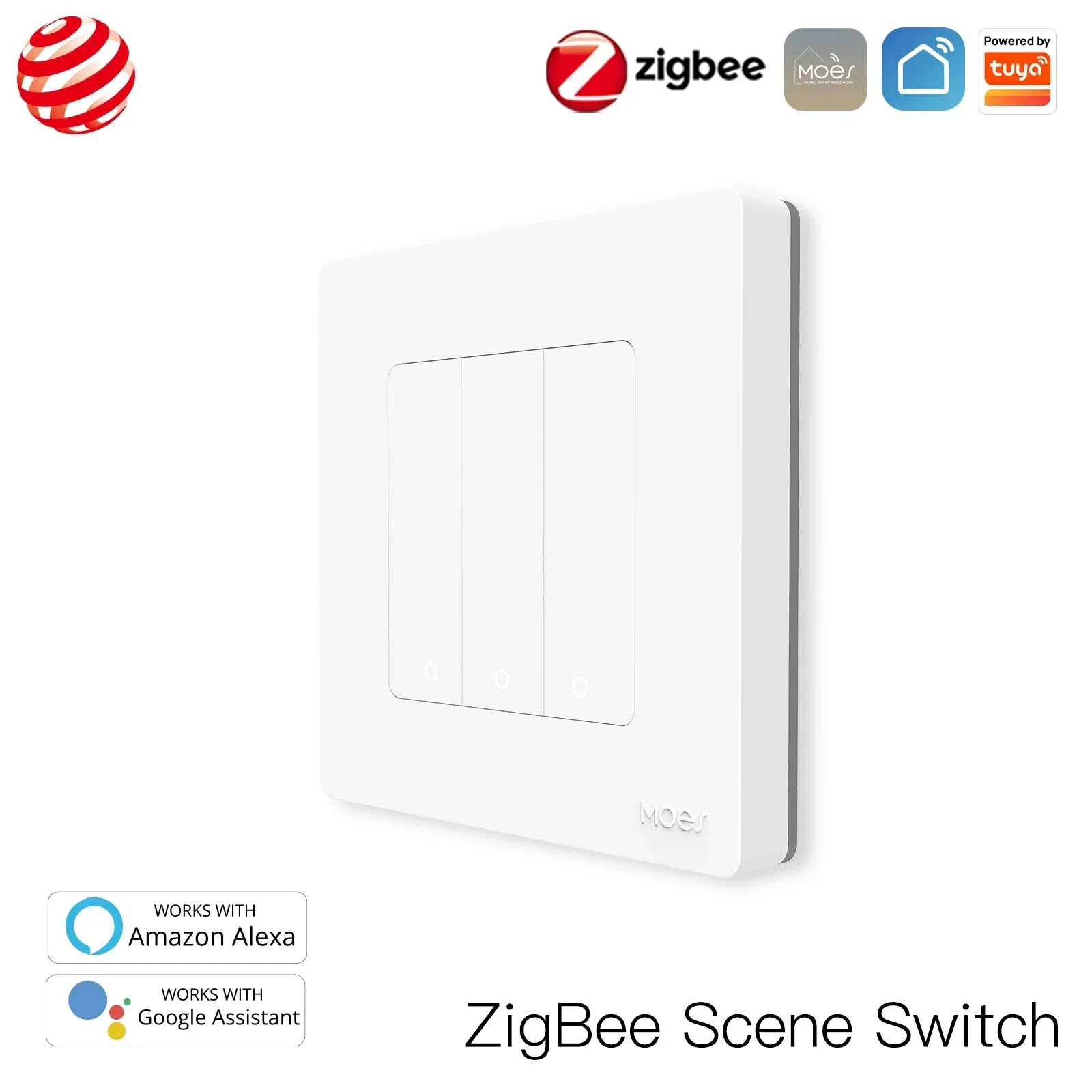 Умный выключатель света MOES Tuya ZigBee Star Ring Series без нейтрального провода и конденсатора. Smart Life, совместим с Alexa, Google Home — выключатель сцены на 3 клавиши