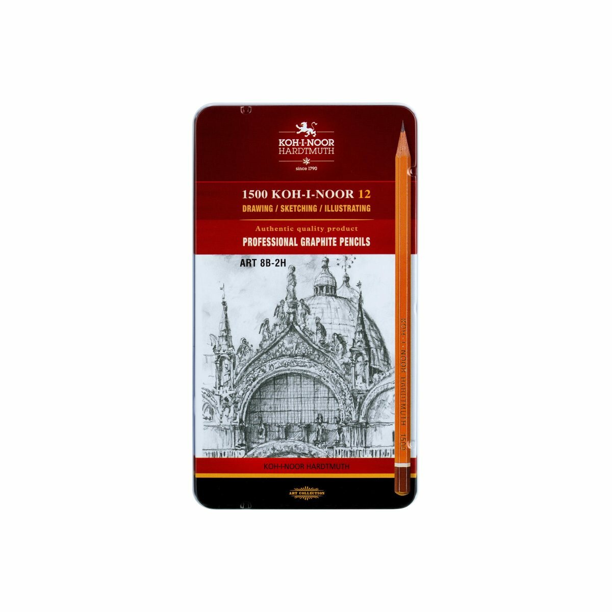 Набор чернографитных карандашей Koh-I-Noor Art (8В-2Н, без ластика, заточенные) метал. пенал, 12шт. (1502012008PL)