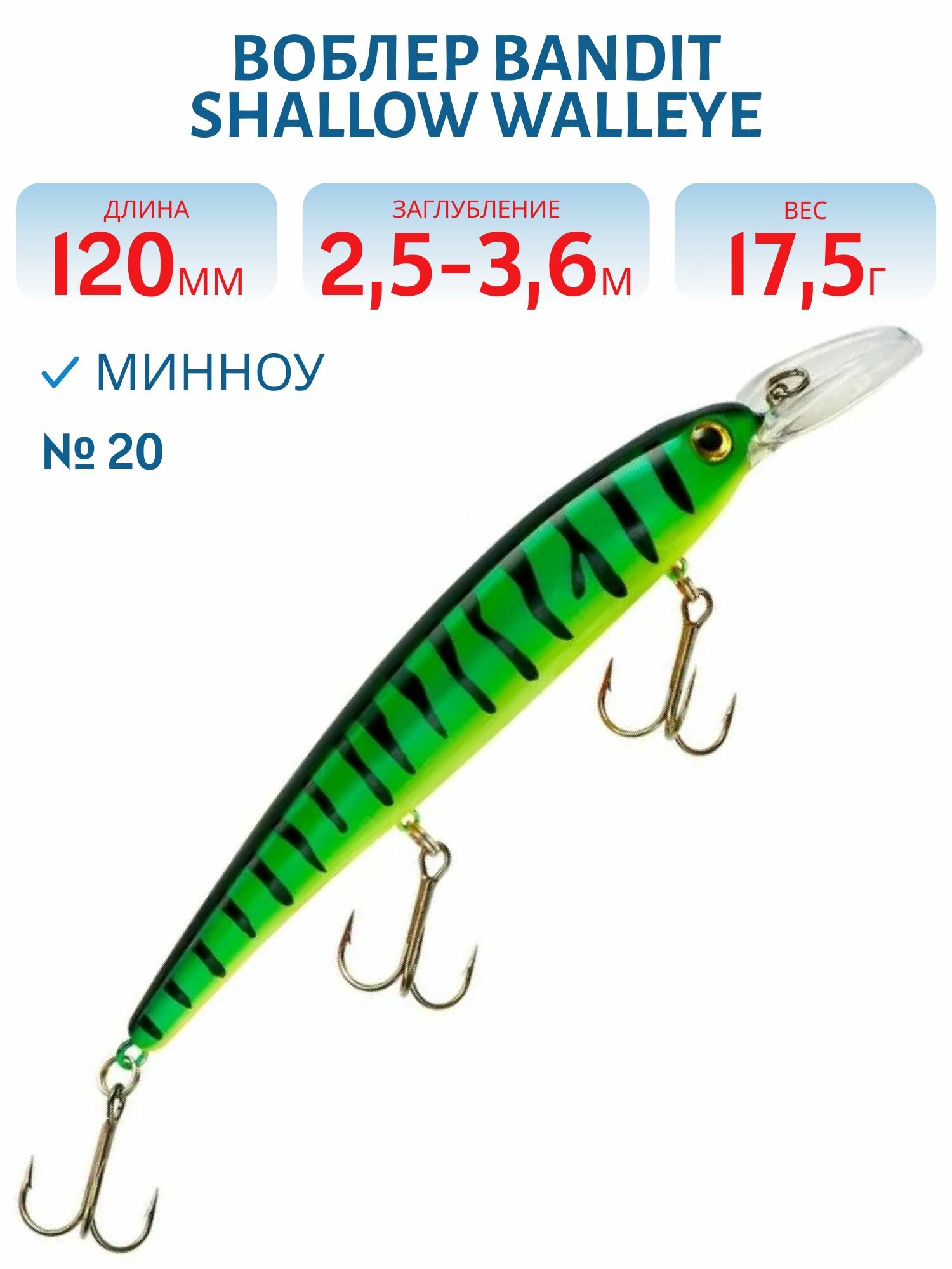 Воблер BANDIT SHALLOW WALLEYE, 120 мм, 17,5 гр, цвет 20