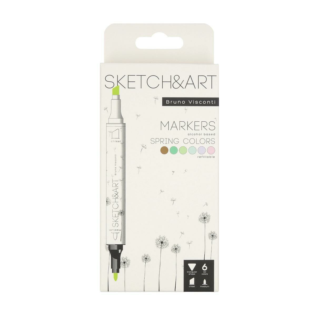 Маркеры двусторонние Sketch&Art, 6 цветов, спиртовые, перезаправляемые, треугольный корпус, пастельные оттенки