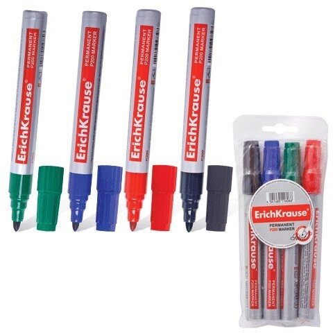 Маркеры перманентные Erich Krause (нестираемые) набор 4 штуки, P-200, круглые, 0,8-2,2 мм (11606)