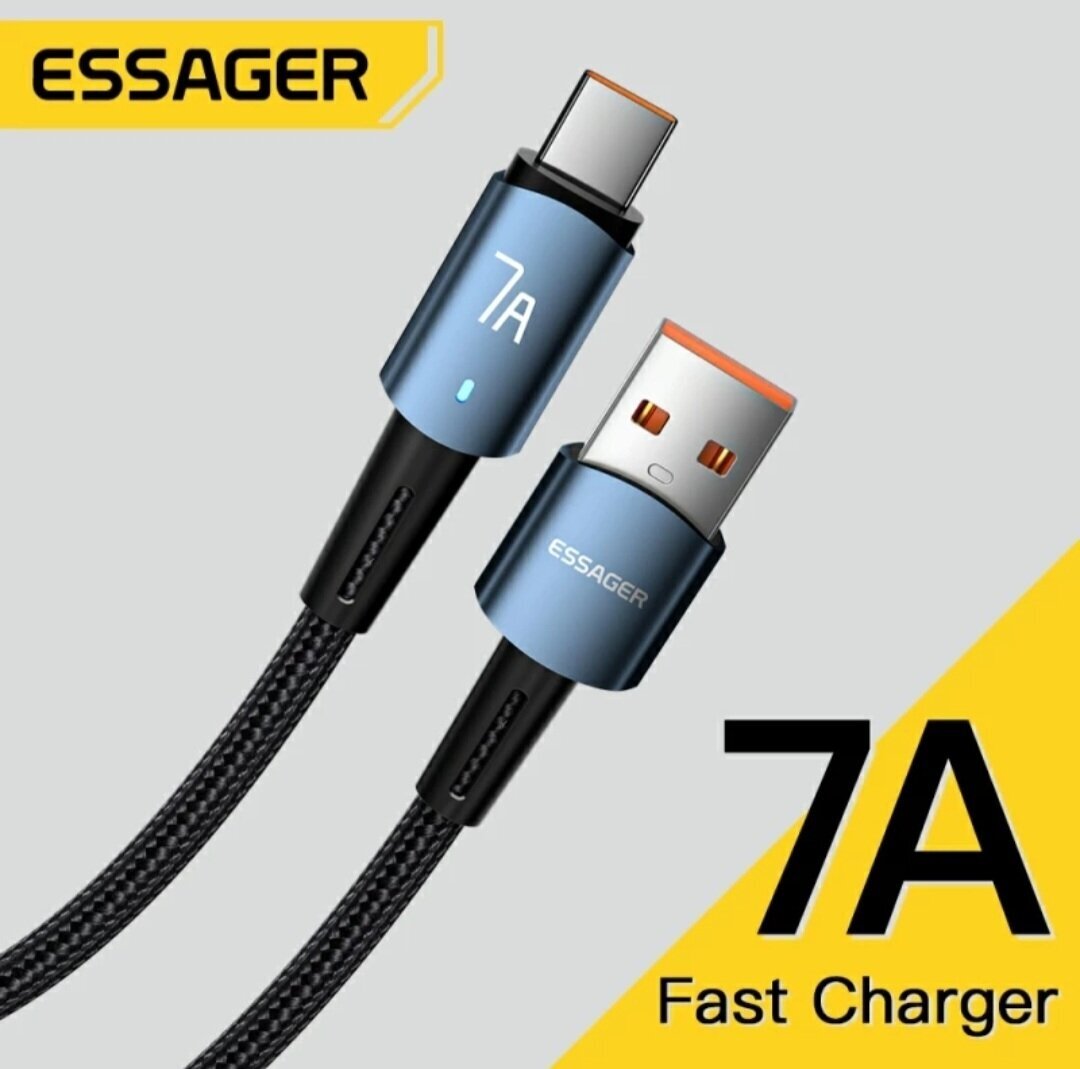 Кабель Essager USB - Type-C, PD 100W, 7 Aмпер, 2 метра, индикатор, быстрая зарядка для Huawei, Xiaomi, Samsung, Oppo