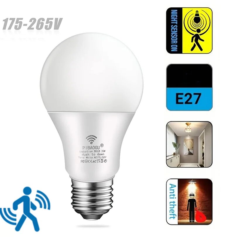 Светодиодная лампа E27 B22 с датчиком движения 220В 6-20Вт Radar motion E27, Warm white, 18W