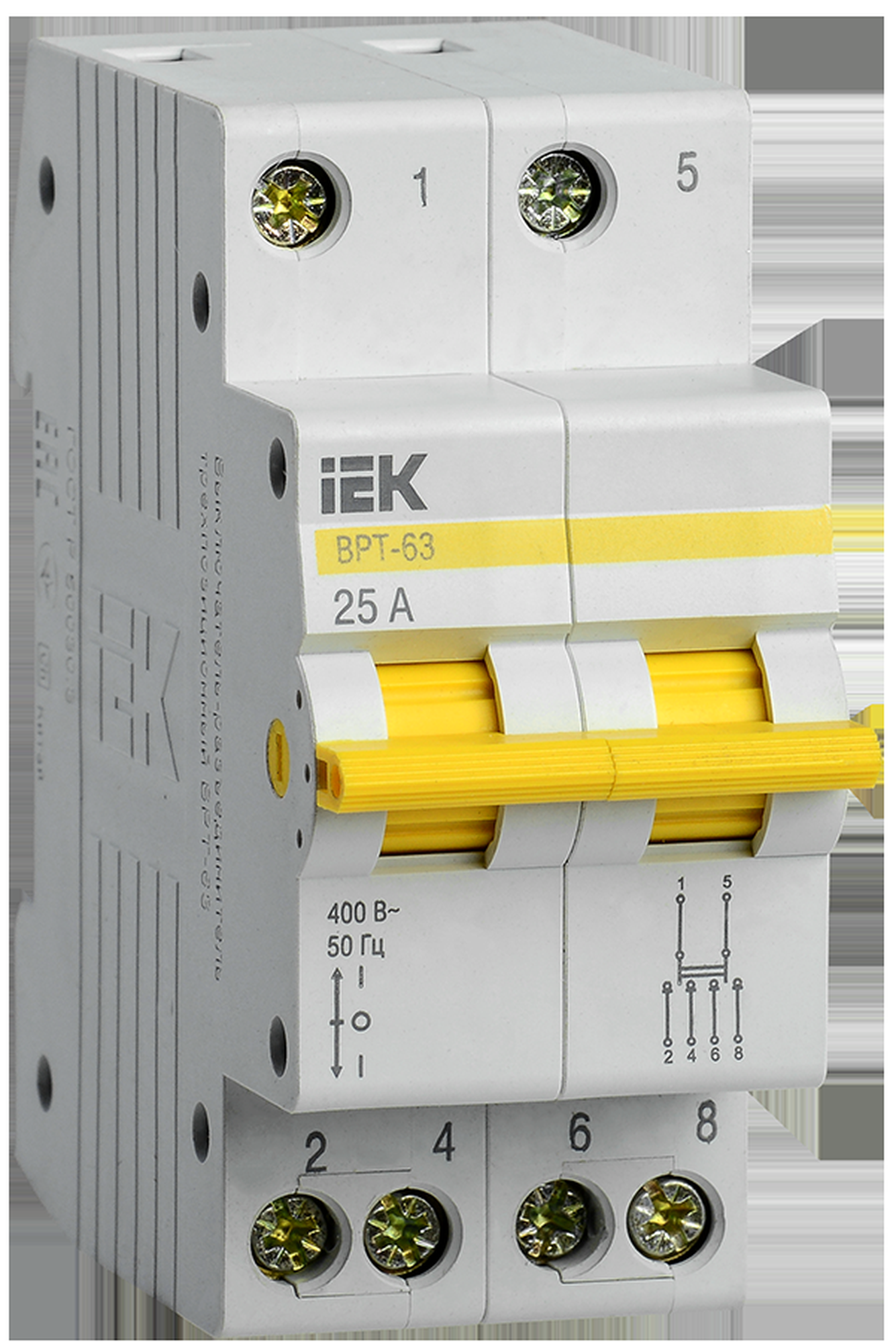 Рубильник IEK ВРТ-63, 25А, 2 полюса, 400В переменное AC, IP20, монтаж на DIN-рейку, модульный
