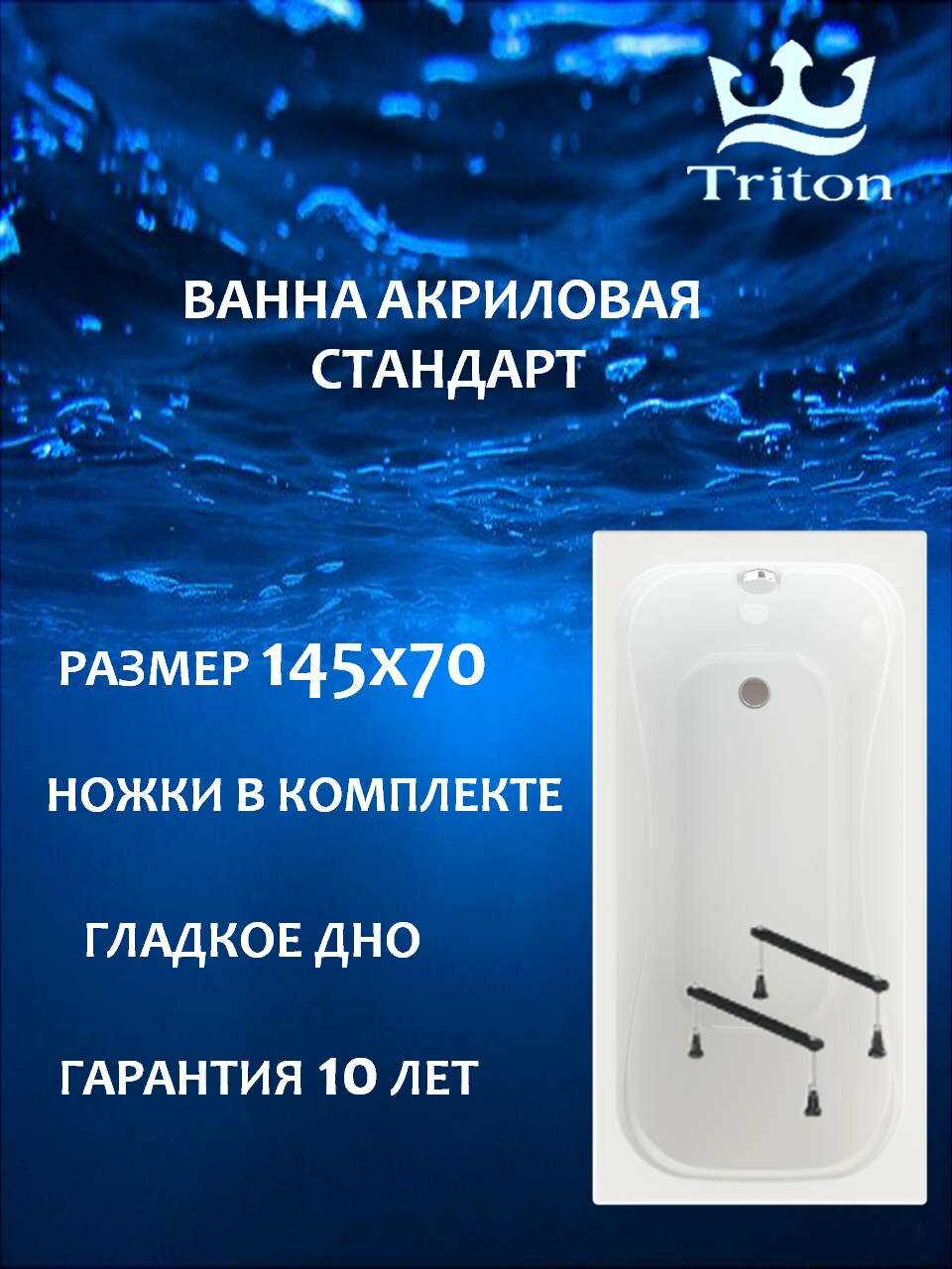 Ванна акриловая Triton Стандарт 145х70 в комплекте с ножками, прямоугольная, белая