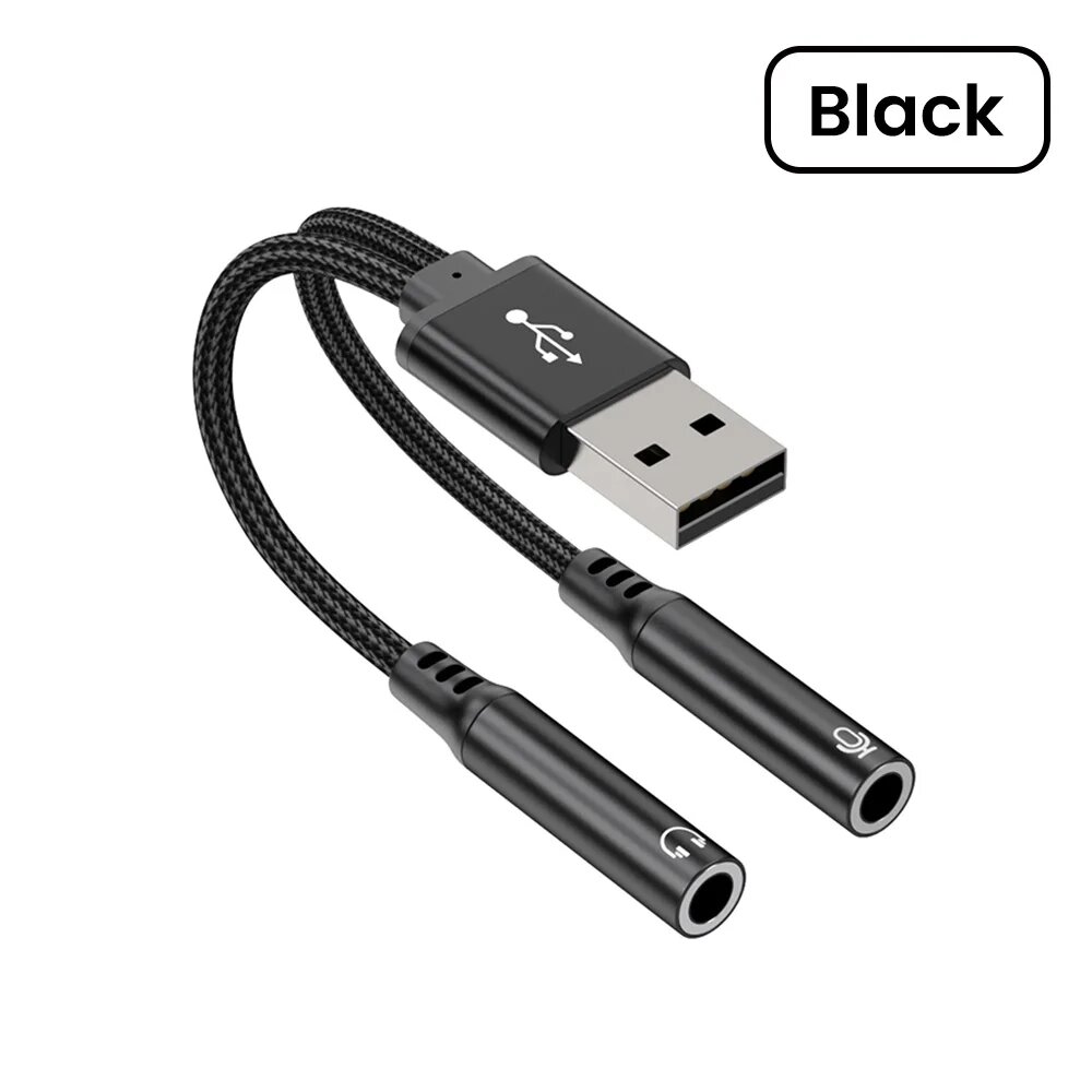 USB/Type C на двойной разъем 3,5 мм, аудиокабель, ЦАП 2-в-1, музыкальный голосовой микрофон, разветвитель, кабель, провод, преобразователь управления Black USB