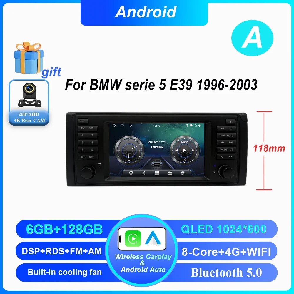 7-дюймовый беспроводной CarPlay Android Auto радио для BMW 5 серии E39 X5 E53 M5 1996-2003 гг. Автомобильный мультимедийный GPS 2din DVD авторадио 4G DSP A 6-128G CAM