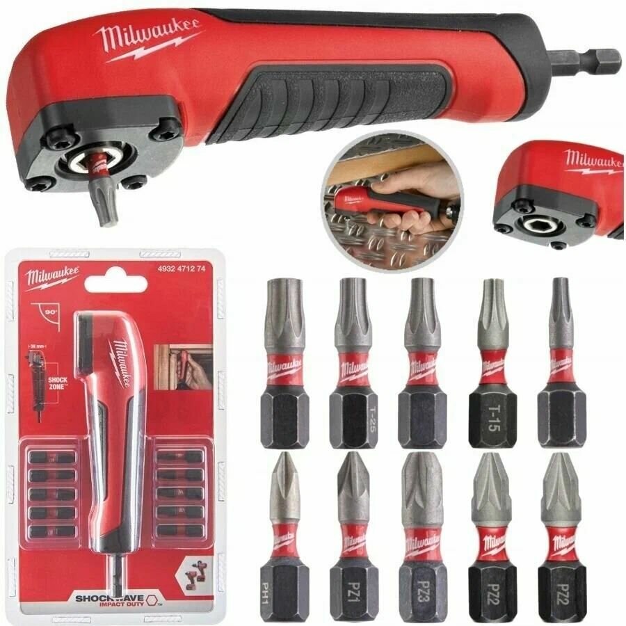 Насадка угловая 90 Milwaukee SHOCKWAVE c набором бит 10шт, 4932471274
