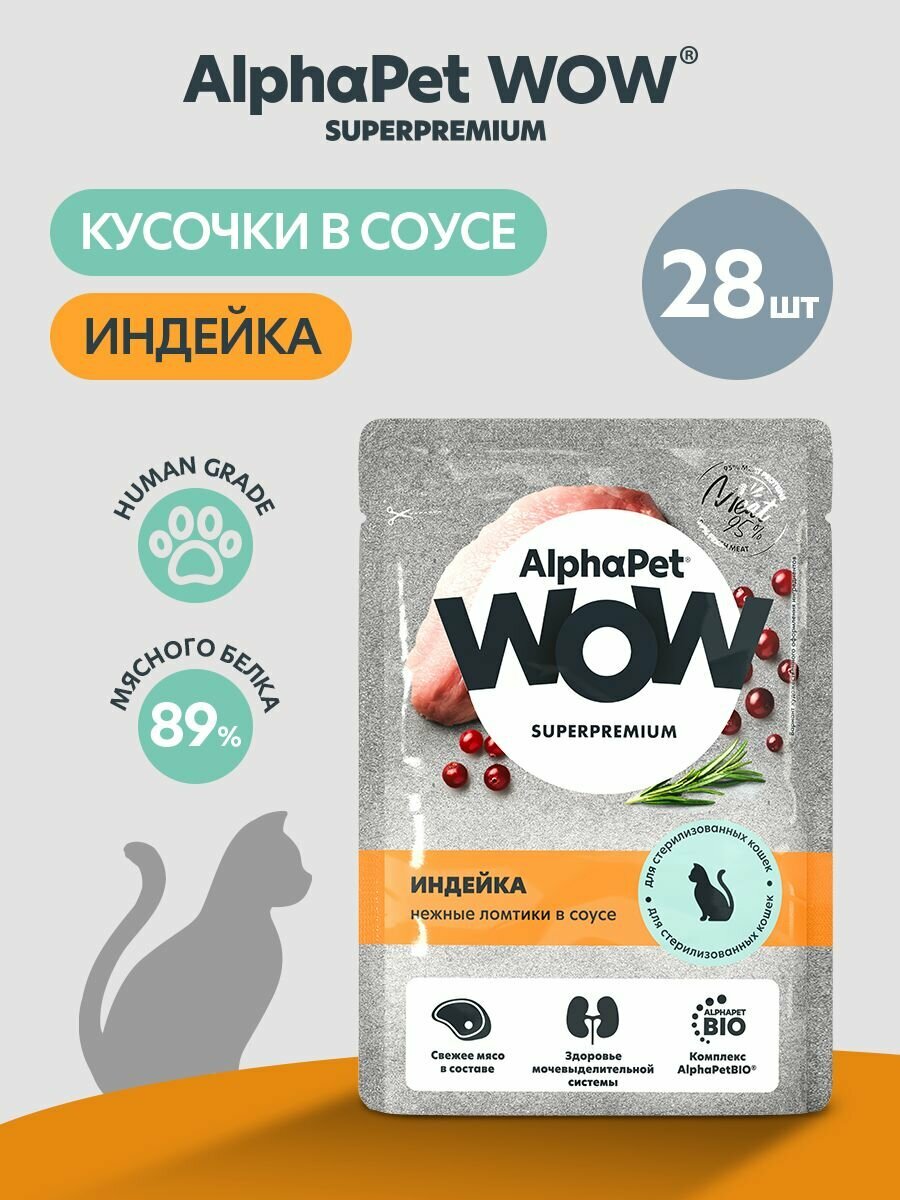 Влажный корм AlphaPet Superpremium WOW, для стерилизованных кошек, индейка в соусе, 28 пауч. по 85г.